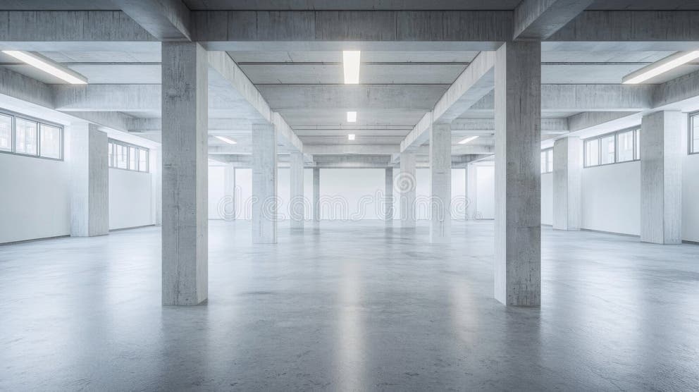 Spacious Modern Warehouse Interior with Concrete Columns and Bright ...