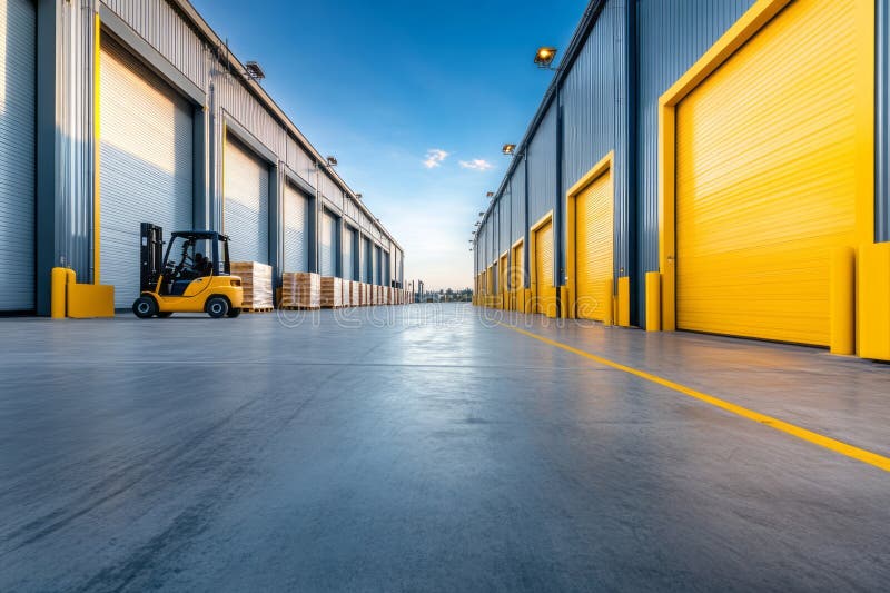 Spacious Modern Warehouse with Yellow Roll-Up Doors Under Blue Sky at ...