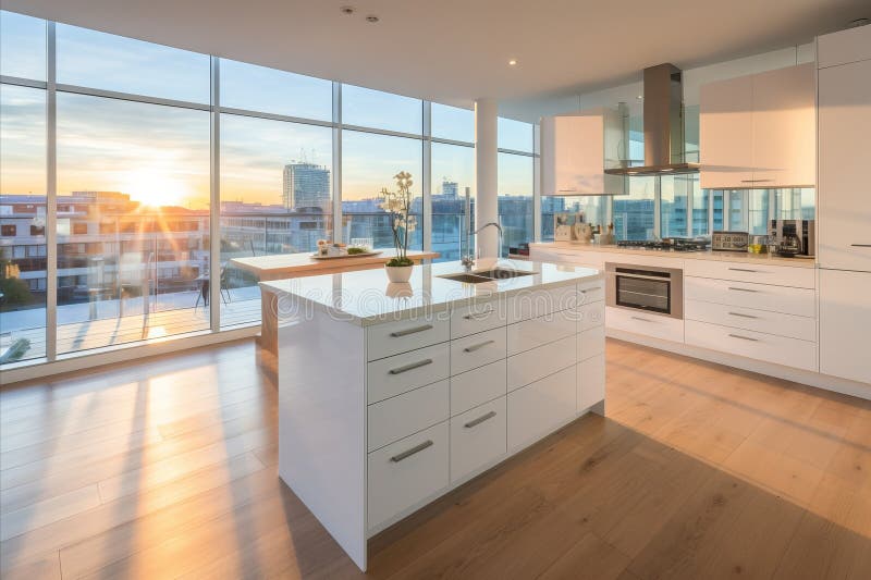 Spacious Modern White Kitchen Interior with Spectacular Sunrise View in ...