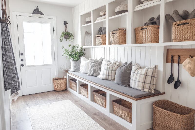 Mudroom with Built-in Storage and a Bench Seat Stock Photo - Image of ...