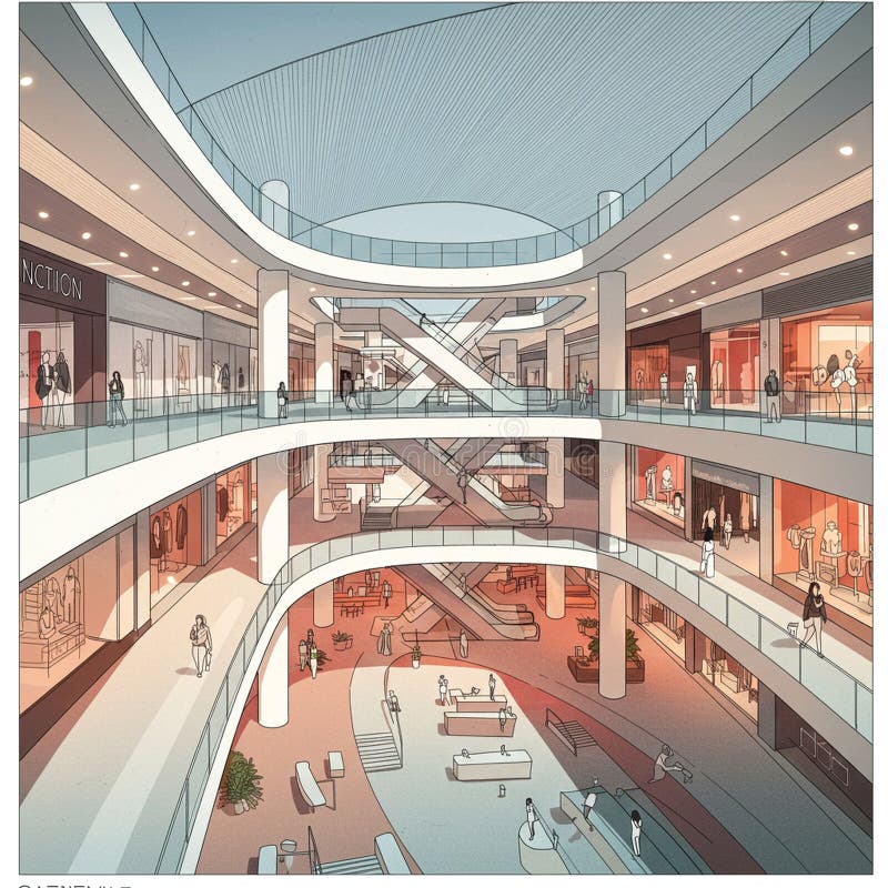 A Spacious, Multi-level Indoor Shopping Mall Features Several Floors Connected by Stock Image ...