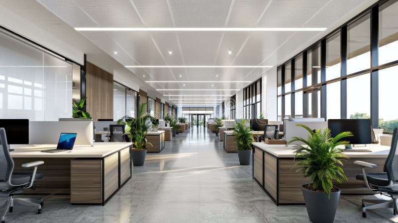 A Spacious Office Aisle with Desks and Workstations on Either Side ...