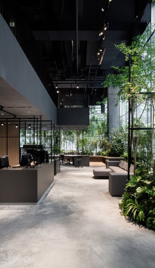 Spacious Office Area Highlights Industrial Decor, Large Windows, and ...