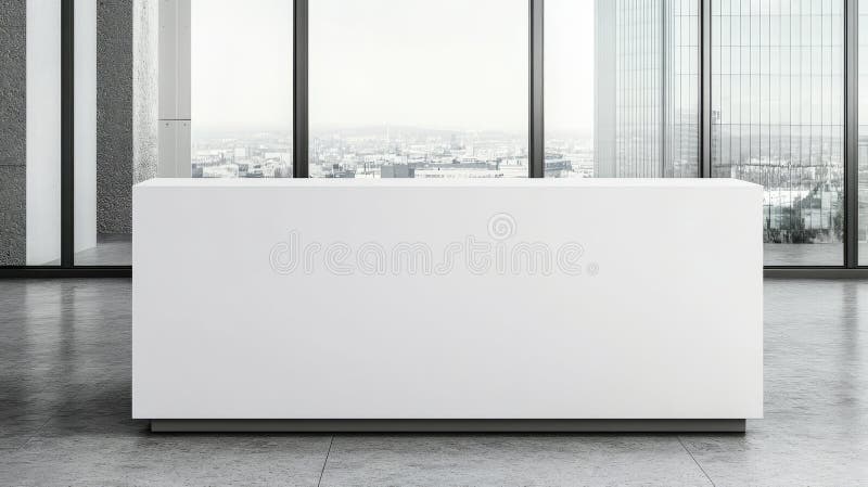In a Spacious Office with a City View, a Modern White Reception Desk is ...