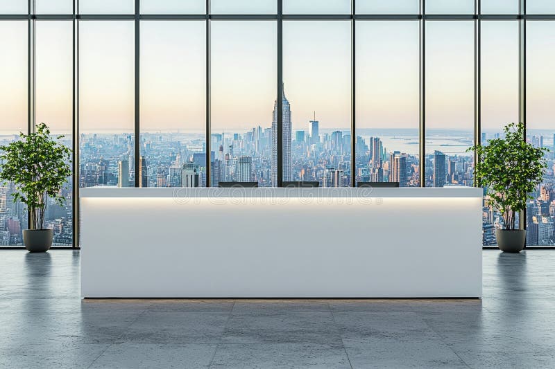 A Spacious Office Corridor with a Reception Desk, Panoramic Windows ...