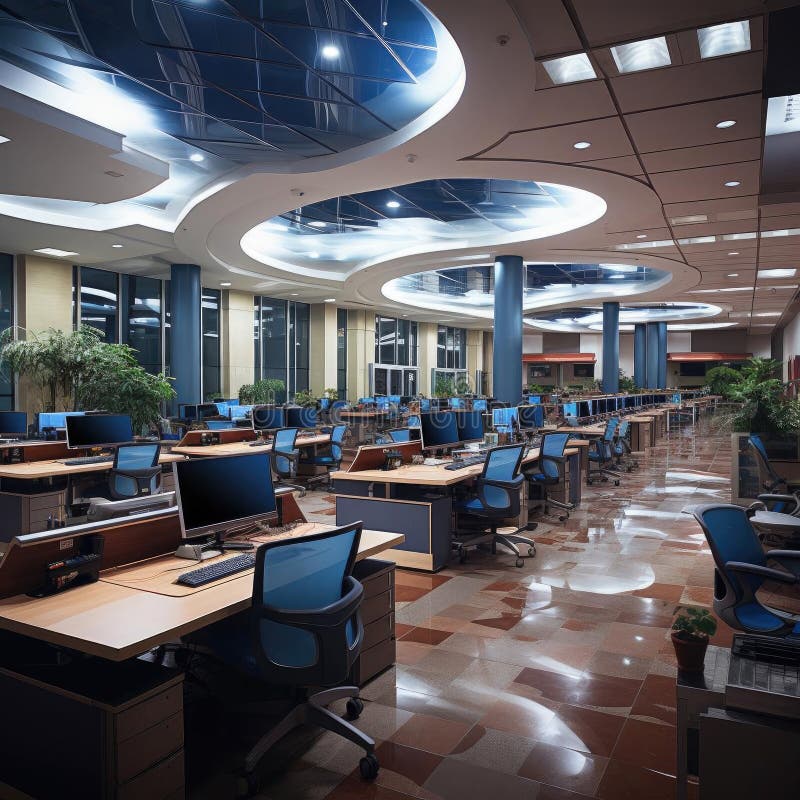 Spacious Office with Desks, Computer Equipment, and Enchanting Lighting ...