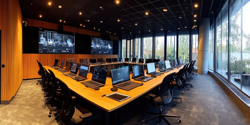 Modern Office Setup with Multiple Desks and Laptops for Collaborative ...