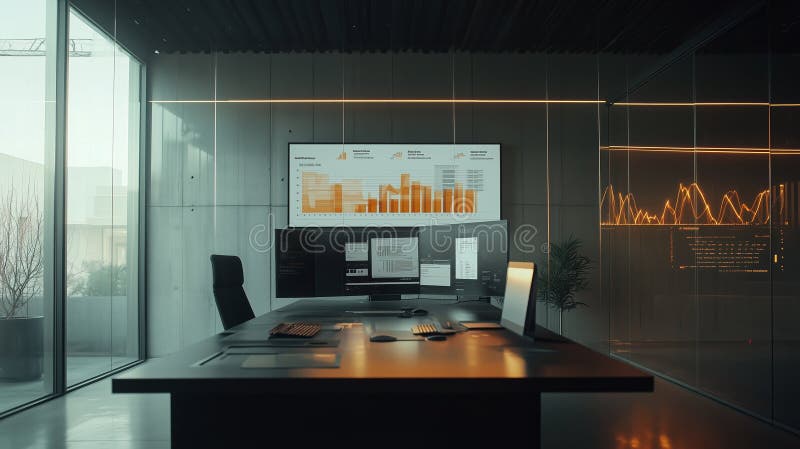 Modern Office Workspace with Sleek Design and Data Displays in a Bright ...