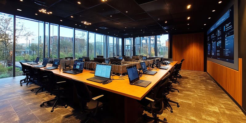 Modern Office Space with Multiple Laptops Arranged for Collaborative ...