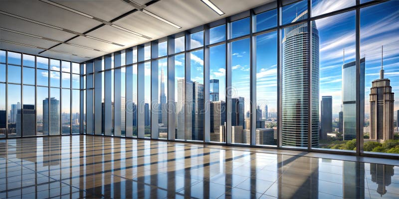 Spacious Office Hall with Glass Walls and City Skyline View Stock ...