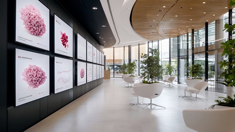 Spacious Office Lobby with Display Wall and Modern Seating Area Stock ...