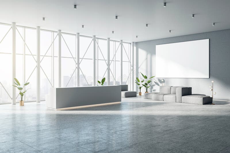 Spacious Office Lobby with Panoramic Windows, Large Poster, and ...