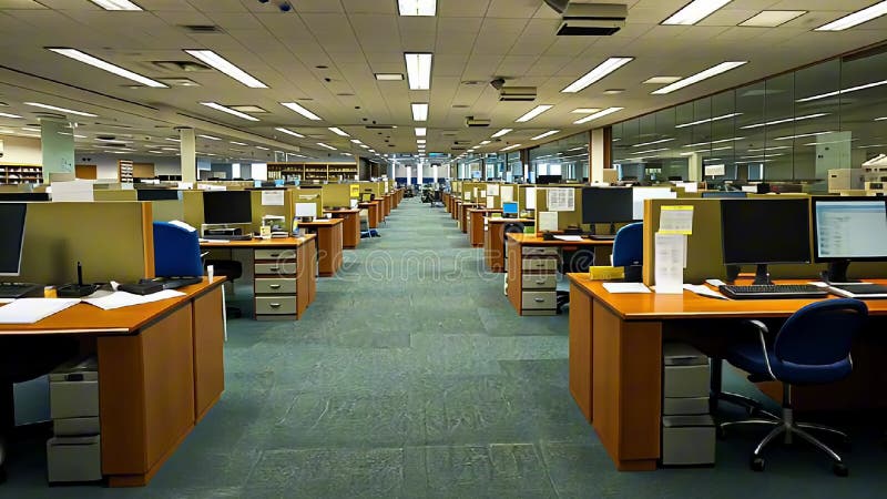 A Spacious Office with Rows of Desks, Computers, and Chairs. Large Open ...