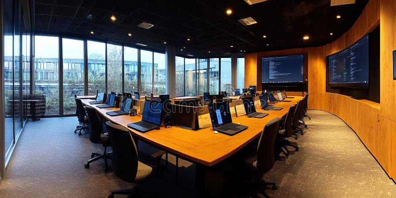 Spacious Office Setup Features a Large Desk with Multiple Laptops for ...