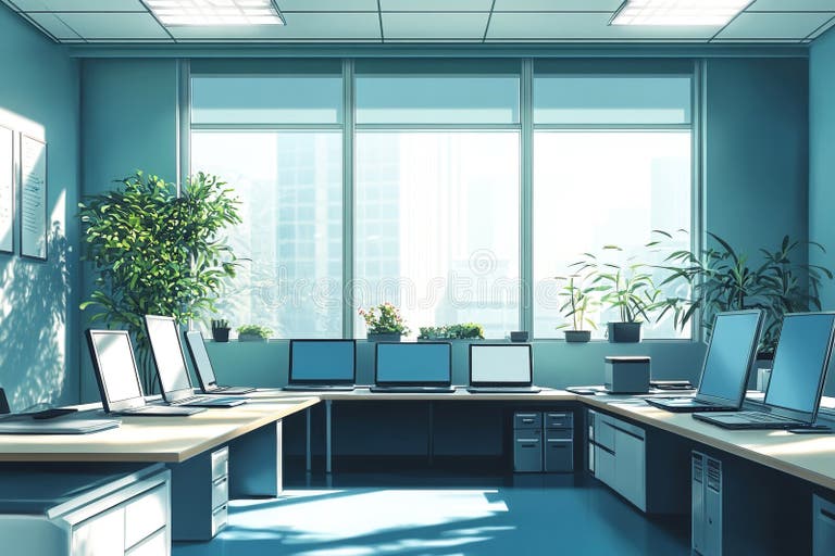 Spacious Office Setup with Multiple Laptops and Bright Natural Light on a Calm Weekday Stock ...