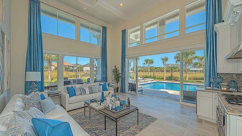 Spacious Open-concept Living Area with Large Windows, a Pool, and a ...