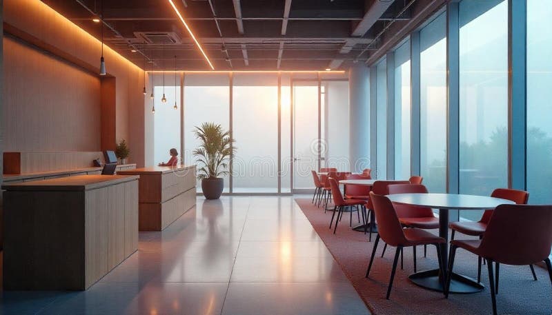 Modern Open Plan Office Space with Warm Lighting Details Stock Image ...