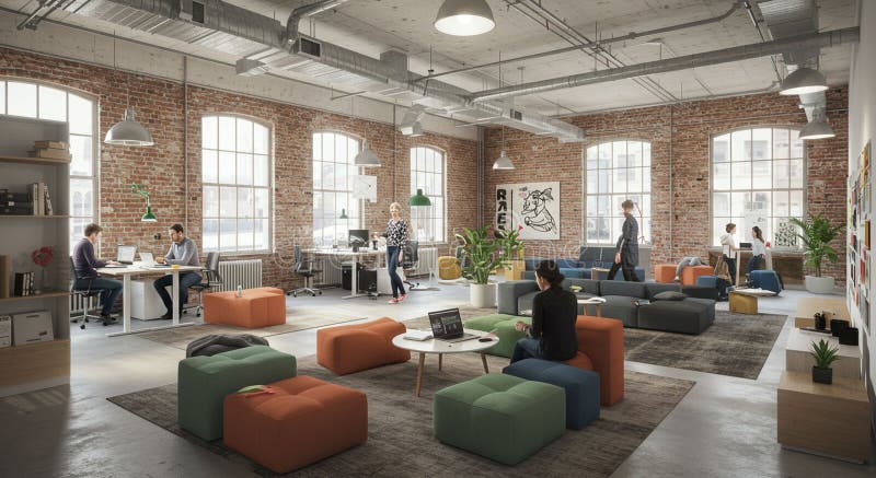Spacious Open-plan Office with Brick Walls and Large Windows. Modern ...