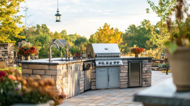 Spacious Outdoor Kitchen Featuring Grill, Sink, and Refrigerator Bathed ...