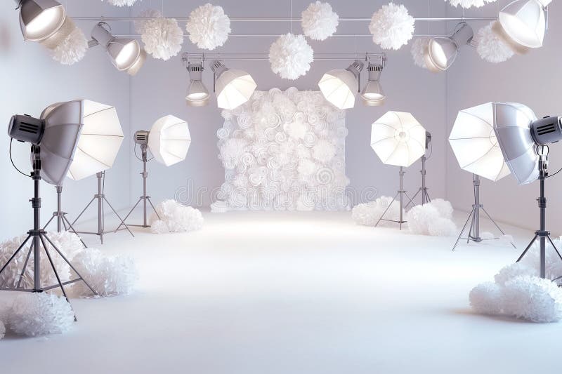 A Spacious Photography Studio Features Soft Lights and a White Floral ...