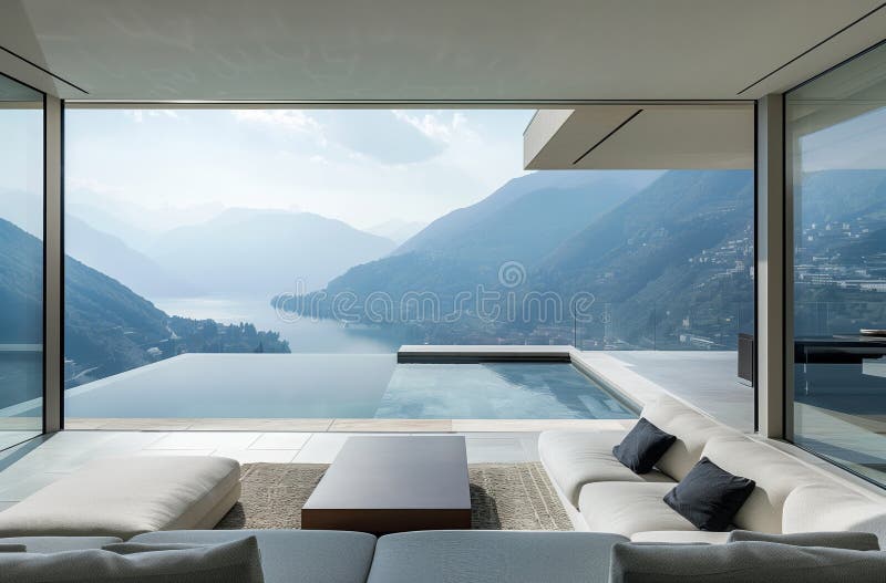 Spacious Pool Area with Panoramic Windows with Mountain and Lake Views ...