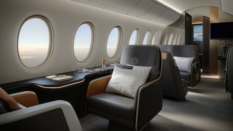 Spacious Private Jet Featuring Black Leather Seating, Soft Pillows, and ...
