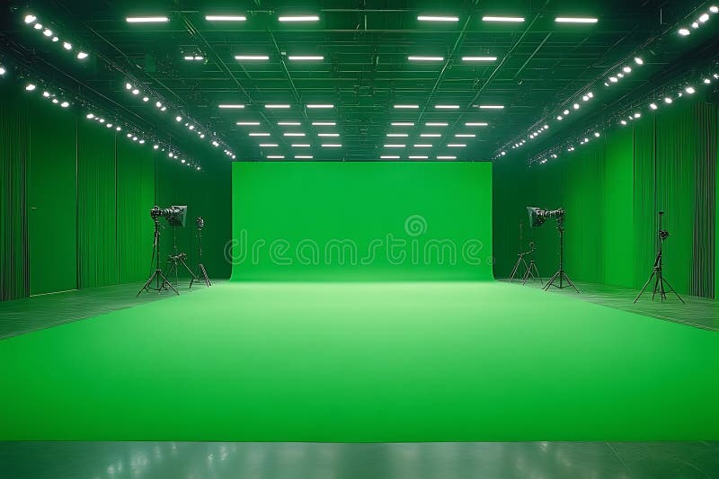 Modern Green Screen Studio Film Set with Lighting Equipment and Cameras ...