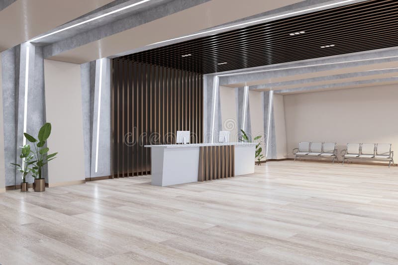 Spacious Reception with Wood Slat Ceiling, Minimalist Desk, and Waiting ...