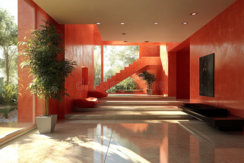 Spacious Red Interior with Modern Design and Lush Greenery Stock Photo ...