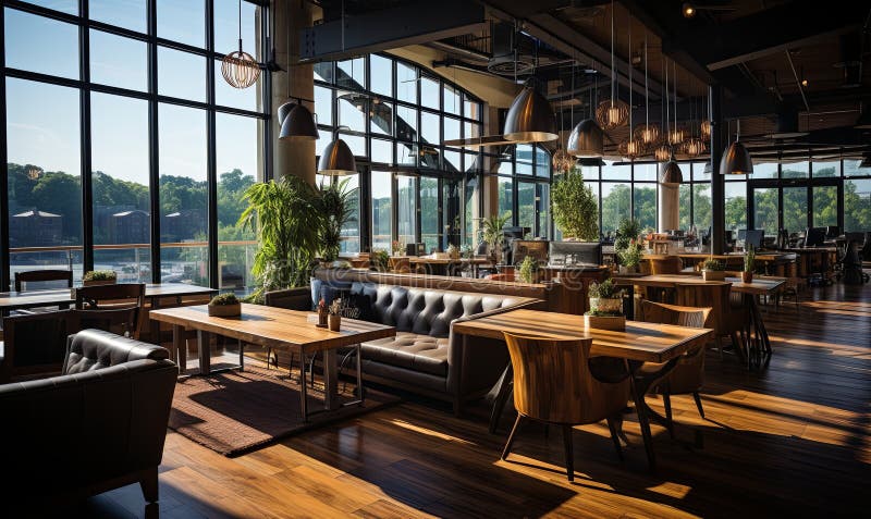 Spacious Restaurant with Windows and Tables Stock Image - Image of ...