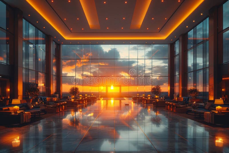 Modern Office Large Windows Overlooking Outdoors Sunset Stock Photos ...