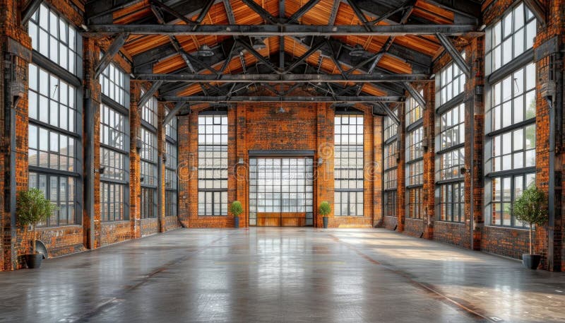 Spacious Room with Brick Walls, Large Windows, and Symmetrical Design ...