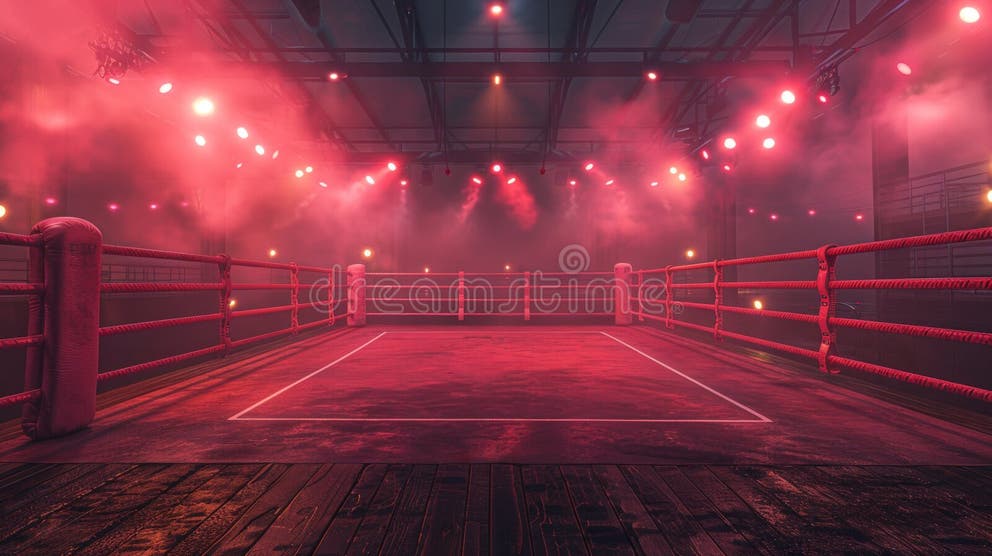A Spacious Room Filled with an Array of Red Lights Illuminating a Pink Boxing Ring in the Center ...