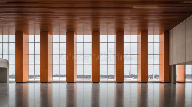 A Spacious Room with a High Ceiling, Large Windows, and Wooden Pillars ...