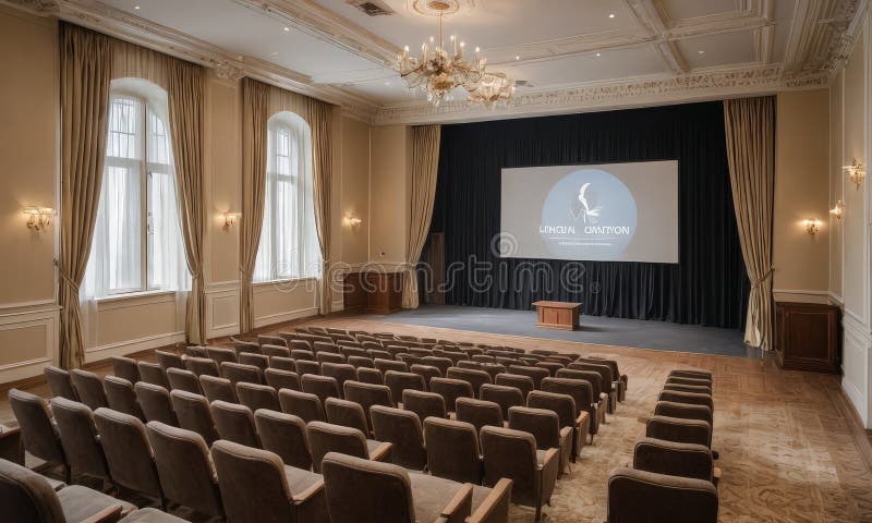 Spacious Room with High Ceilings, Large Windows, and Stage with Podium ...