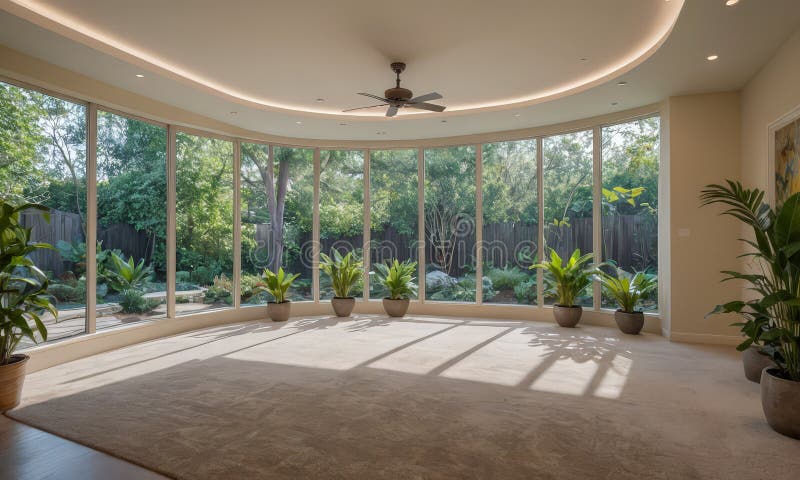 Spacious Room with Large Windows, Curved Ceiling, and Ceiling Fan ...