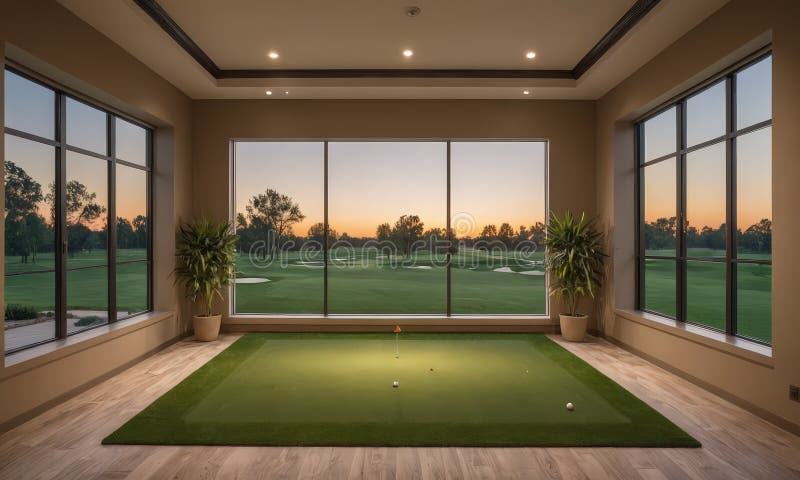 Spacious Room with Large Windows, Green Artificial Turf, and Golf ...