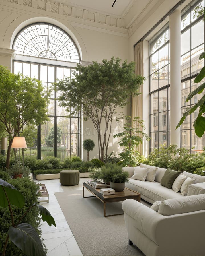 Spacious Room with Large Windows, Greenery Stock Image - Image of ...