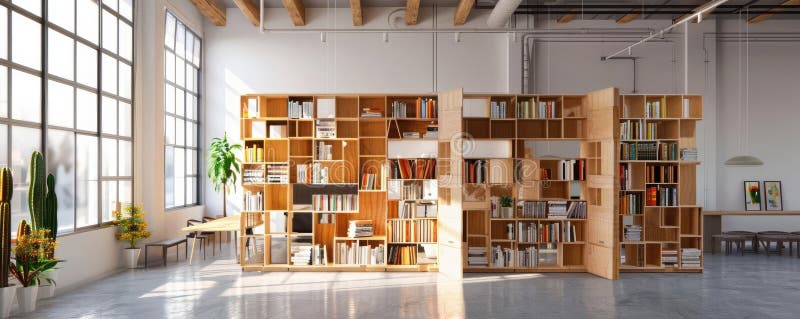 Spacious Room with Large Windows, Housing a Custom Modular Bookshelf ...