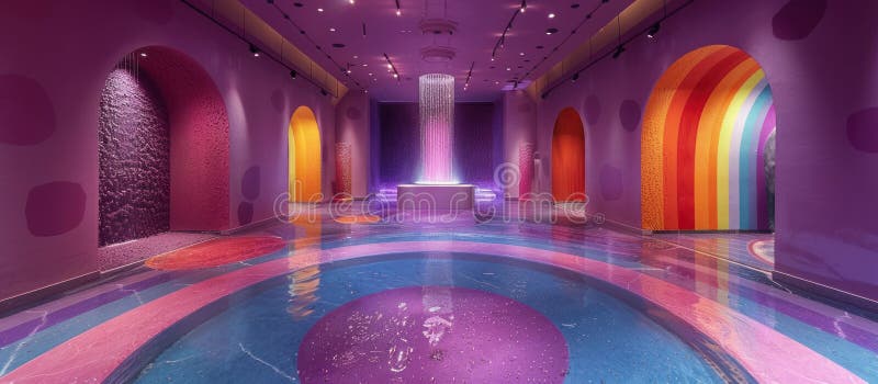 Spacious Room with Pool and Rainbow Walls Stock Photo - Image of decor ...