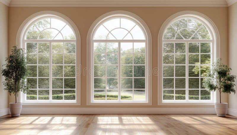 Spacious Room with Three Large Windows in a Beige Wall Stock Photo ...