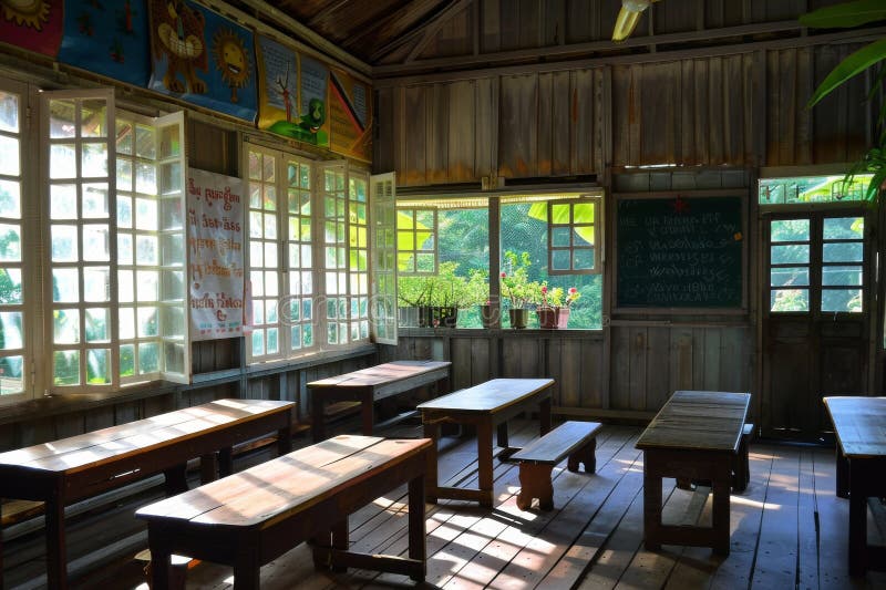 A Spacious, Rustic Classroom with Wooden Tables and Benches, Large ...