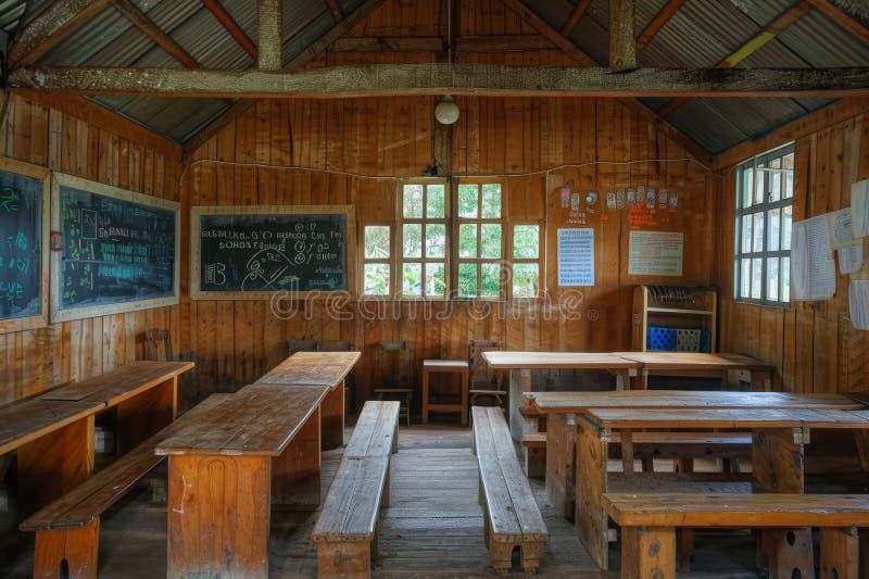 A Spacious, Rustic Classroom with Wooden Tables and Benches, Large ...
