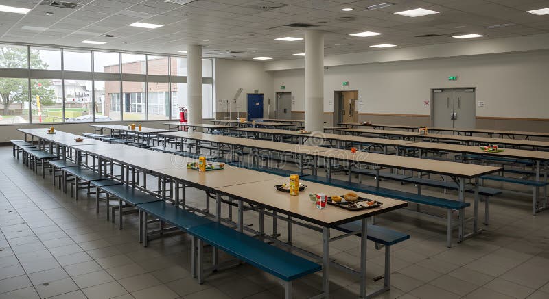 Spacious School Cafeteria Interior Design with Long Tables and Benches ...