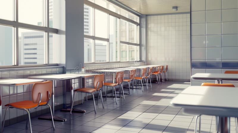 A Spacious School Cafeteria with Rows of Empty Tables and Chairs ...