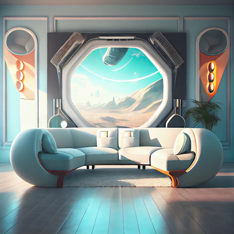 Spacious Sci-fi Futuristic Interior with Comfortable Soft Sofa Stock ...
