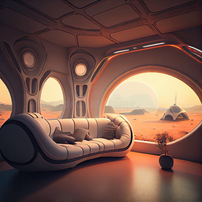 Spacious Sci-fi Futuristic Interior with Comfortable Soft Sofa Stock ...