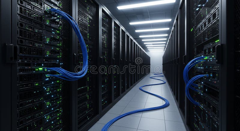 A Spacious Server Room Features Rows of Black Server Racks Extending ...