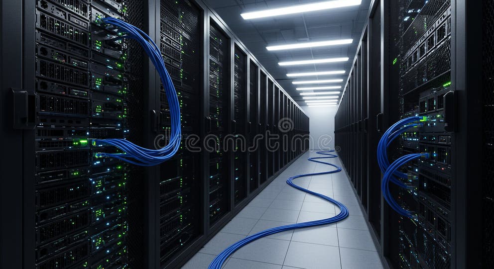 A Spacious Server Room Features Rows of Black Server Racks Extending ...