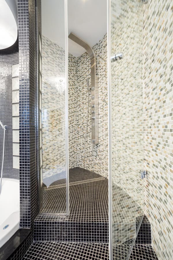 Spacious Shower Space in Designed Bathroom Stock Photo - Image of ...